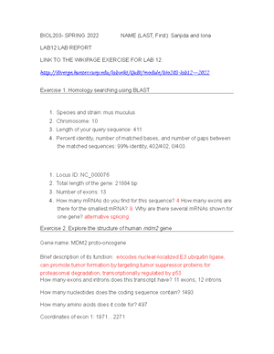 Lab Report 2: BIOL 203 (sessions 1-6) - Lab Report II (Biol 203, Spring ...