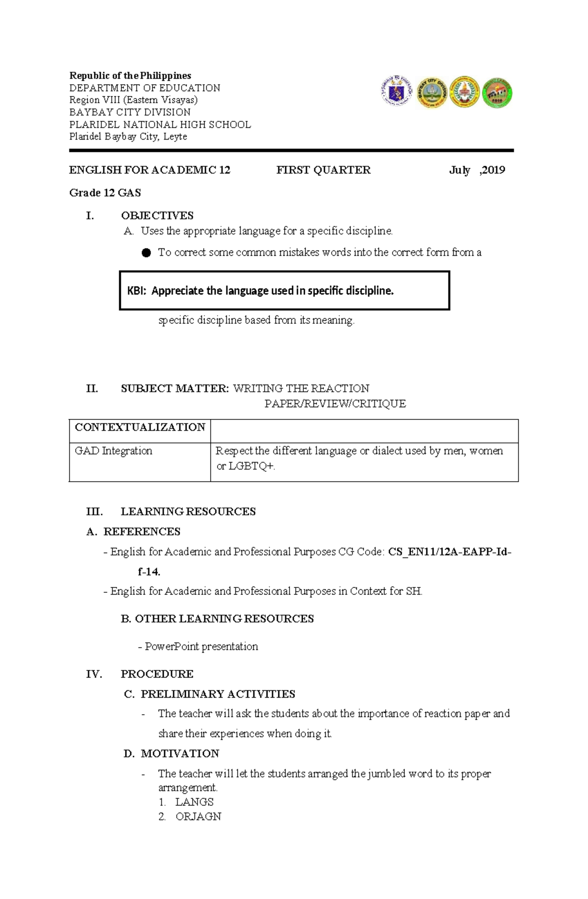 English for Academic 12: Language Discipline Lesson Plan - Studocu