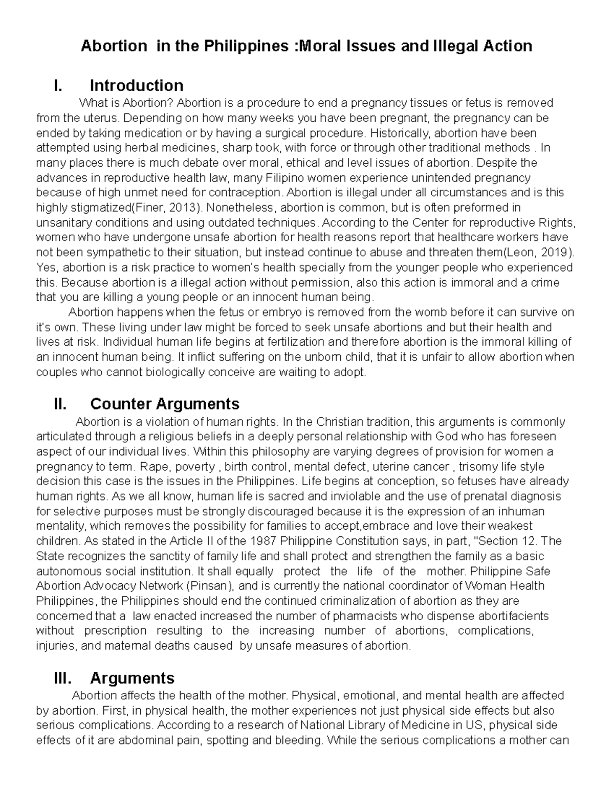Position Paper Ethics - Abortion in the Philippines :Moral Issues and ...