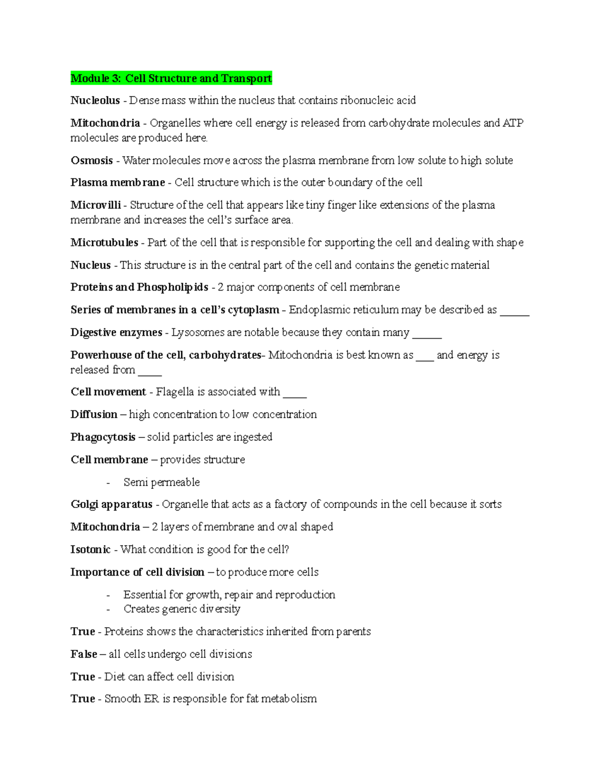 Anaphy Lec Quizzes - MODULE - Module 3: Cell Structure and Transport ...