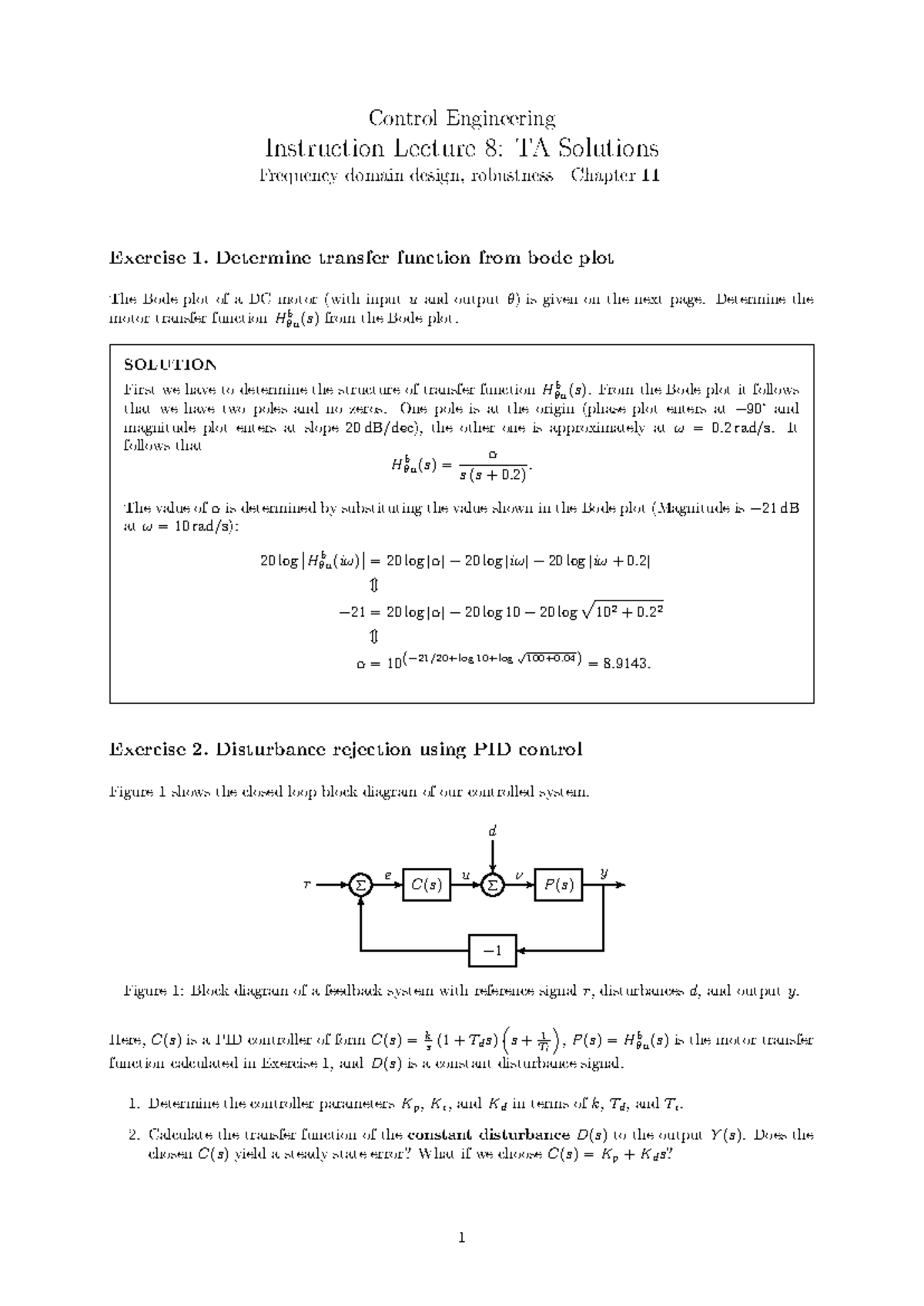 Control Engineering Lecture 8: Bode Plot Transfer Function Solutions - Studeersnel