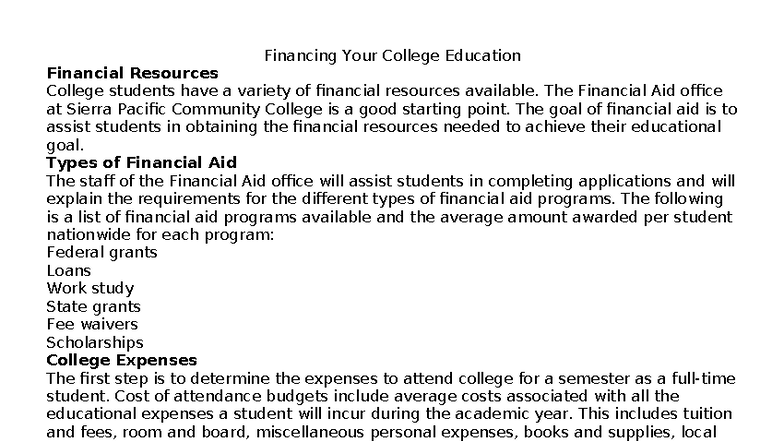 Financing Your College Education: Financial Aid Resources (SPCCD) - Studocu