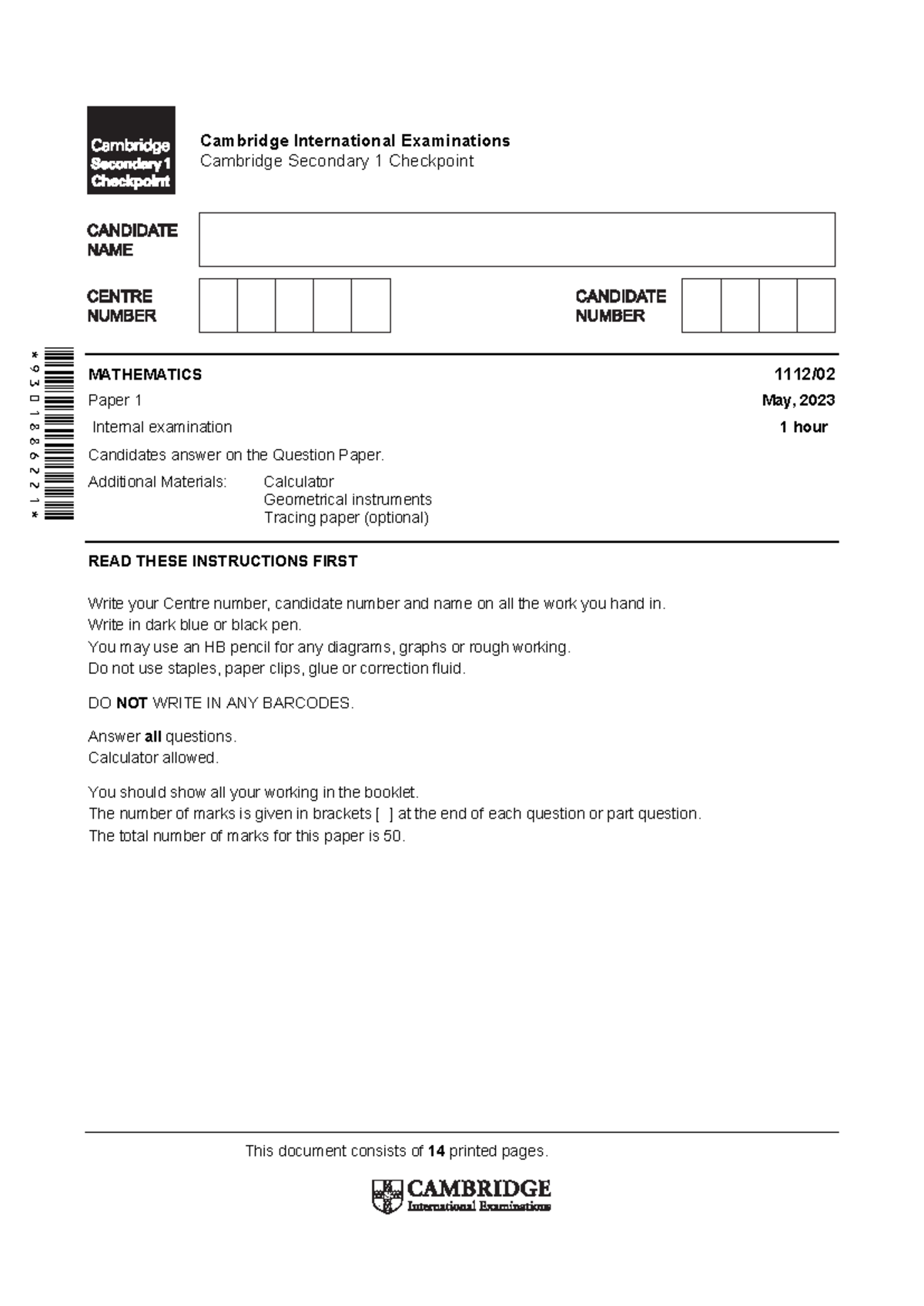 Checkpoint maths paper 1 - Cambridge International Examinations ...