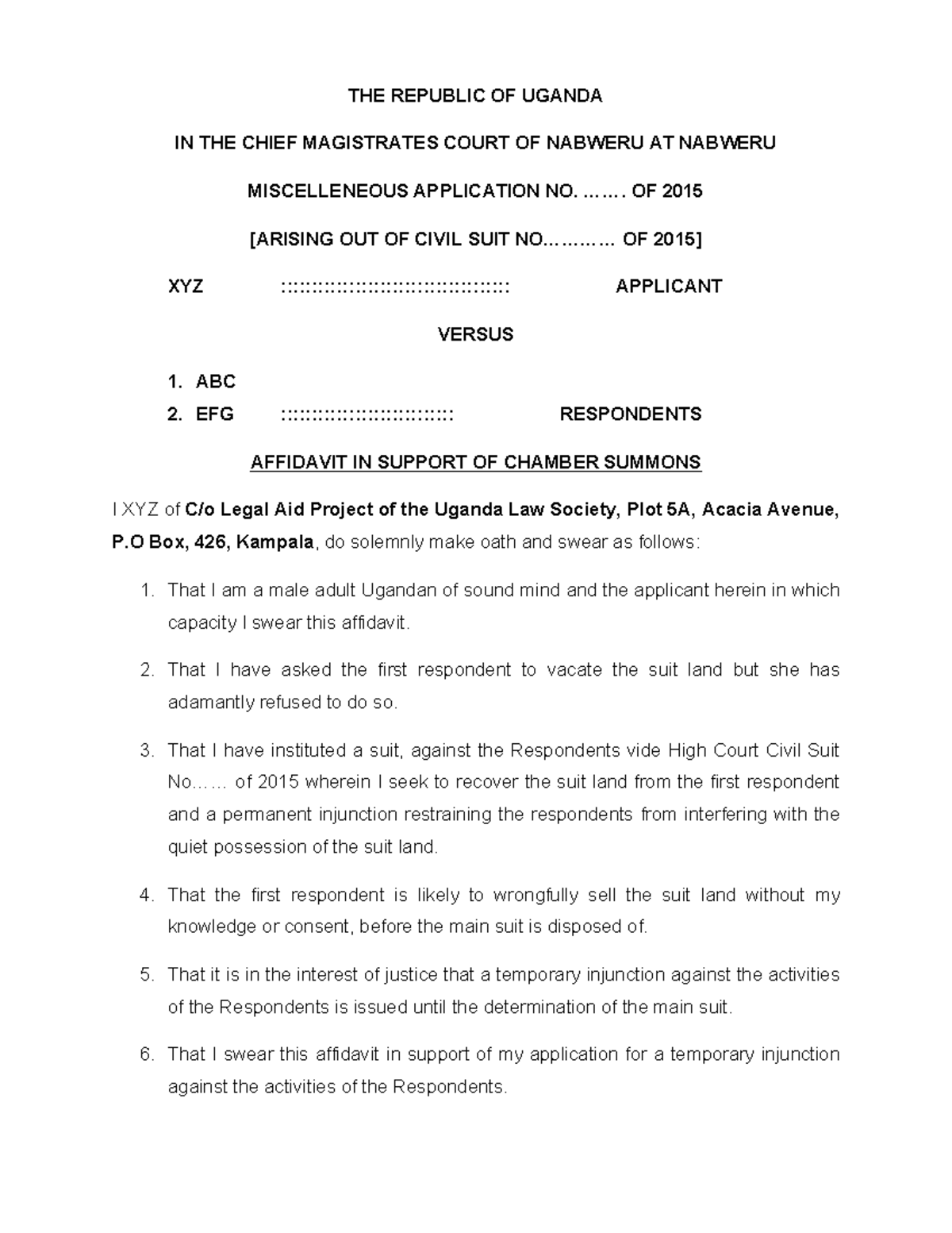 Affidavit Sample in Support of Chamber Summons - UGANDA Law - Studocu