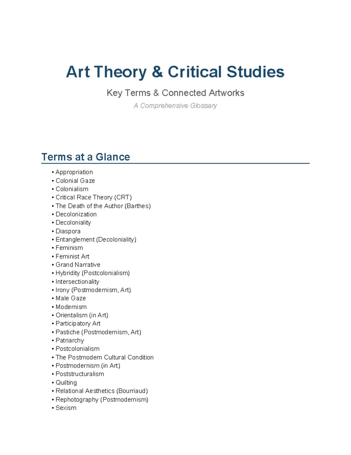 Art Theory Glossary: Key Terms & Connected Artworks (Midterm Study ...
