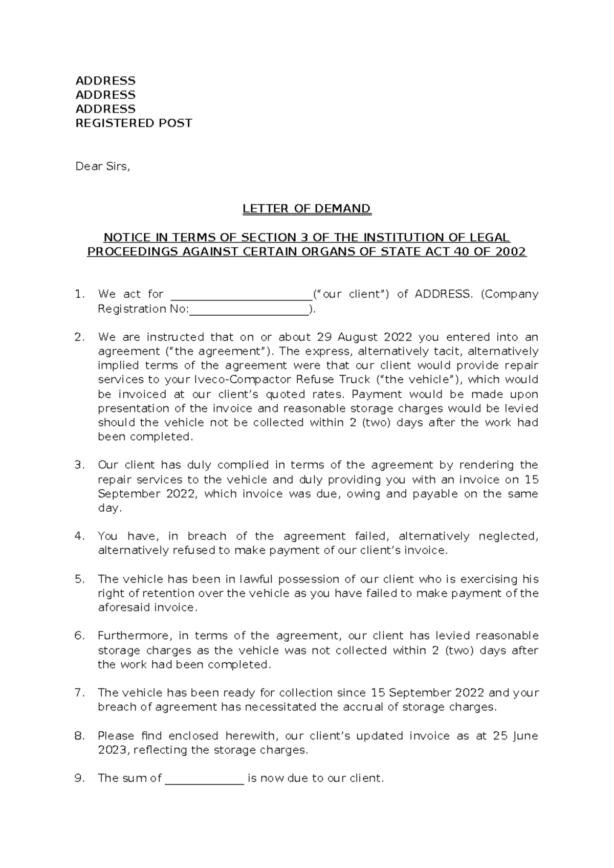 Example of Provisional Sentence Summons - Case No: __________ - Studocu