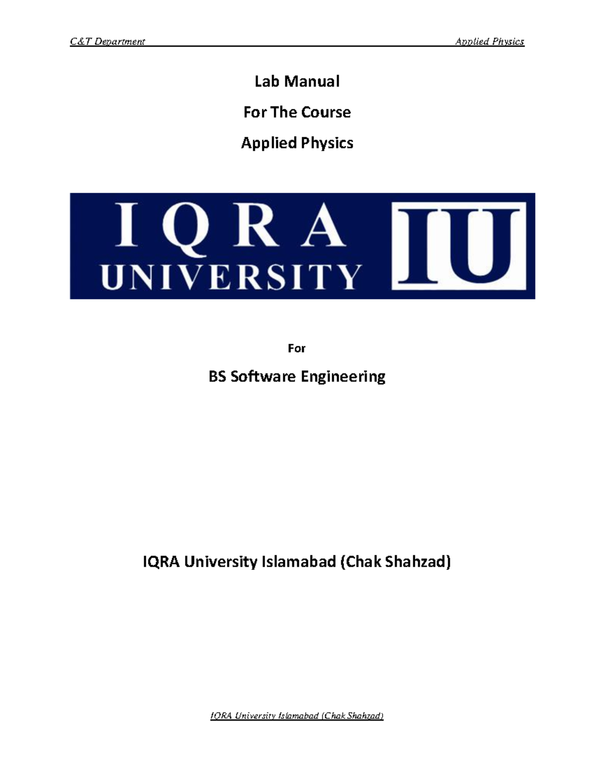 Applied Physics Lab Manual - BS Software Engineering - IQRA - Studocu