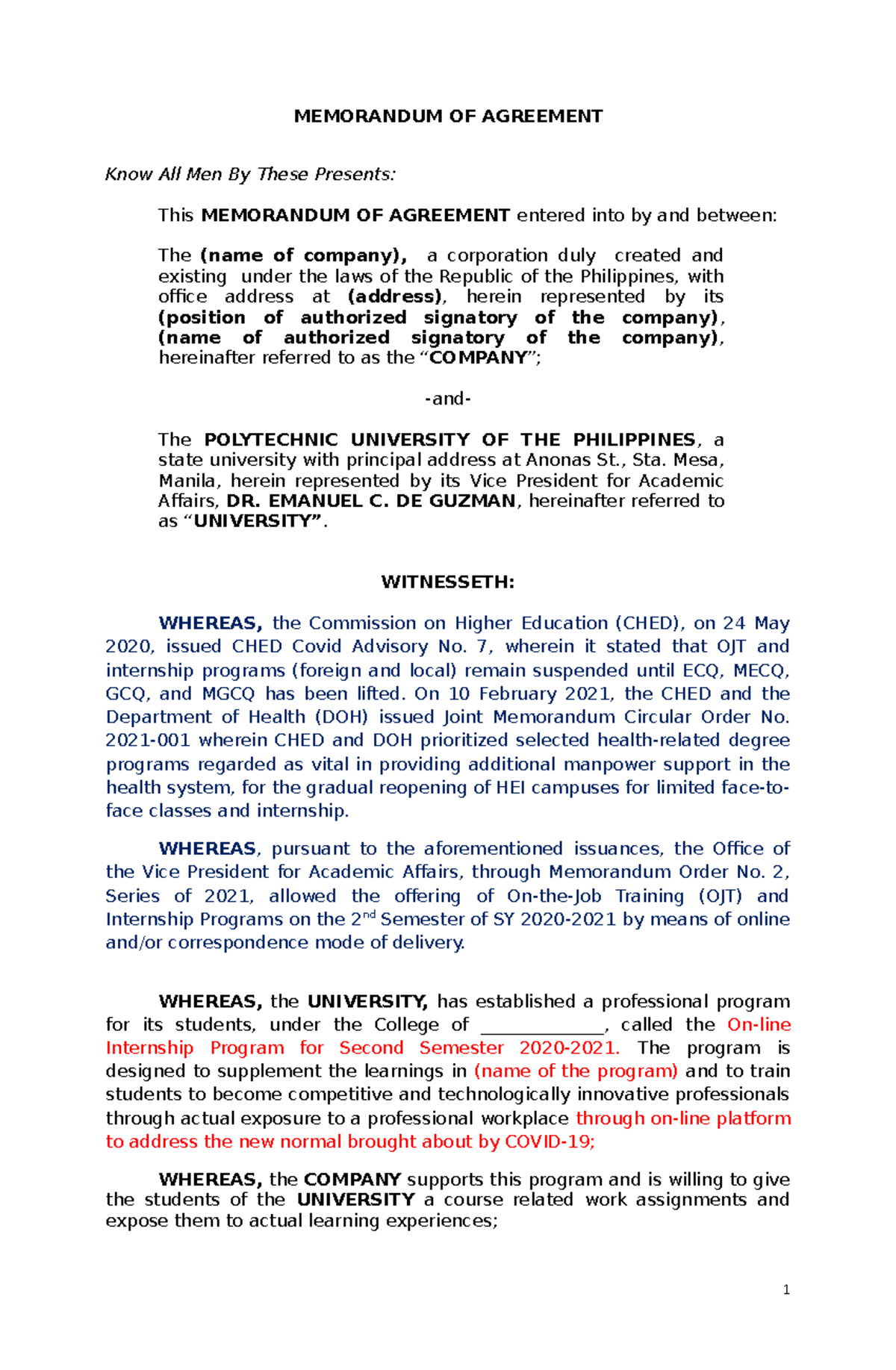 PUP Internship MOA 20210818 - MEMORANDUM OF AGREEMENT Know All Men By ...