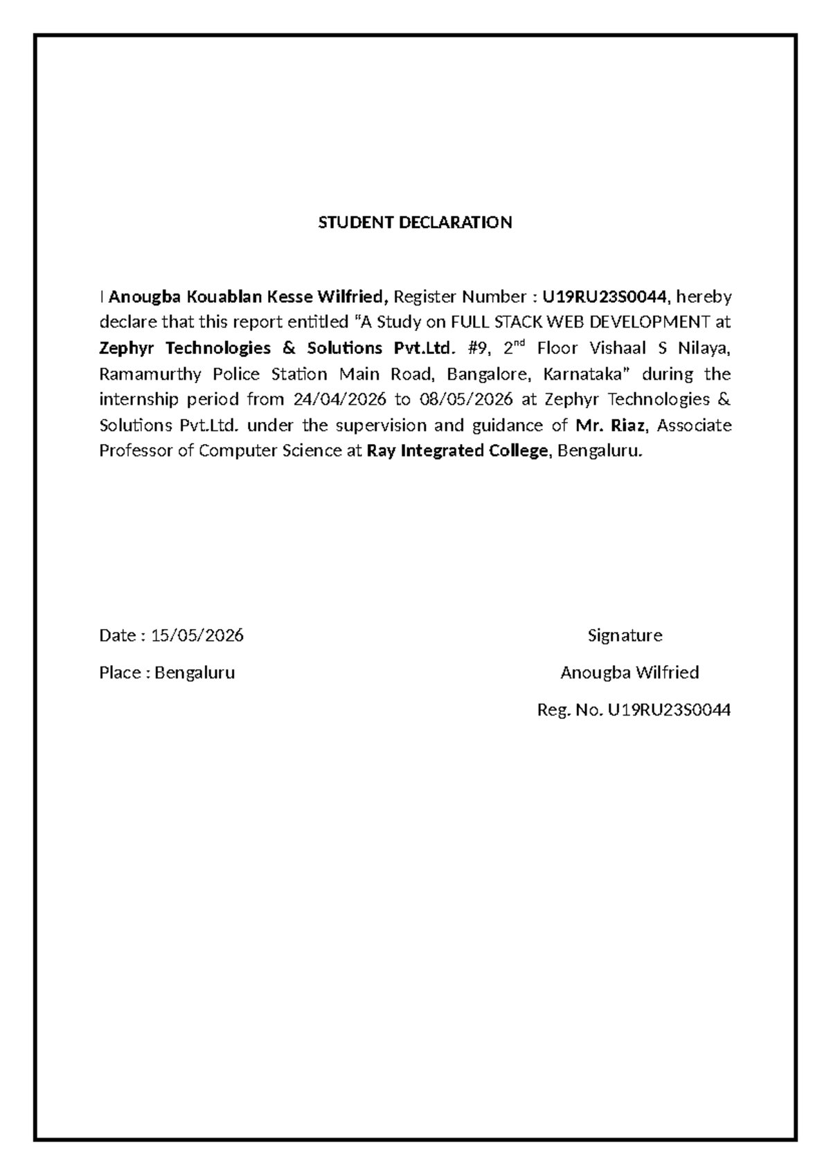 Student Declaration - this for my internship for my last exam 6th sem ...
