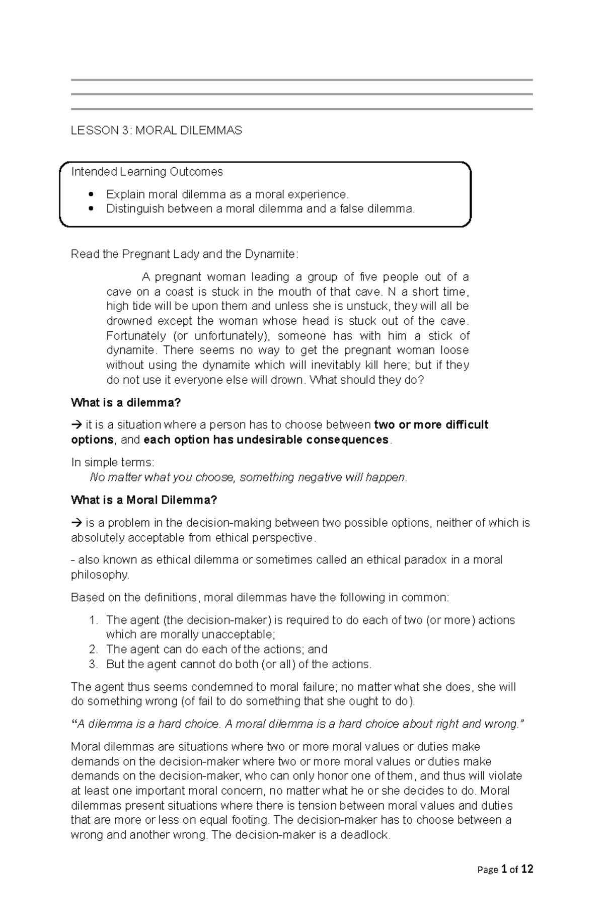 LESSON 3: UNDERSTANDING MORAL DILEMMAS AND FALSE DILEMMAS - Studocu