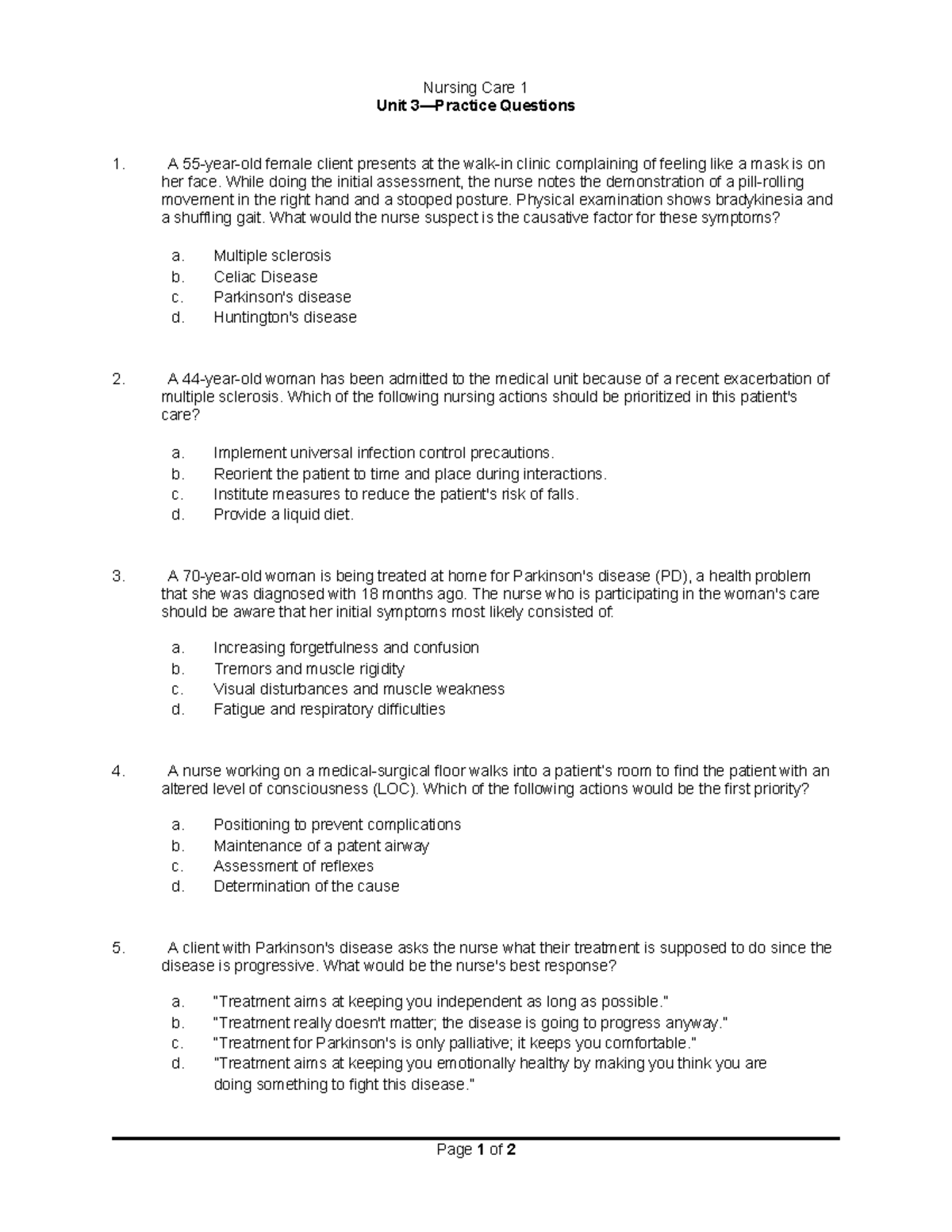 Nursing Care 1: Unit 3 Practice Questions on Patient Assessment - Studocu