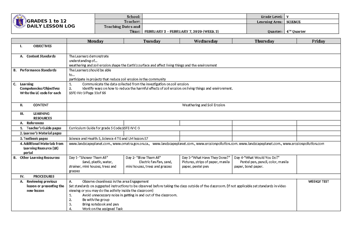 Grade 5 DLL Science Q4 Week 3: Weathering & Soil Erosion Lessons - Studocu