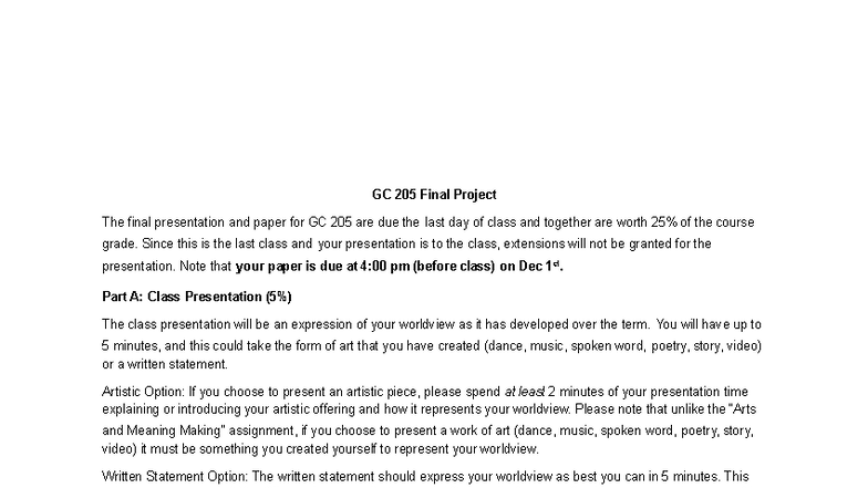 GC 205 Final Project: Presentation & Paper Guidelines - Studocu