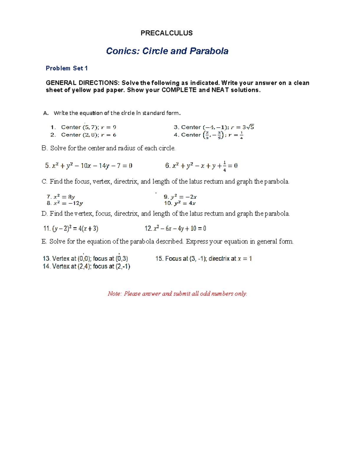 PRECALCULUS Problem Set 1: Circle & Parabola Solutions - Studocu