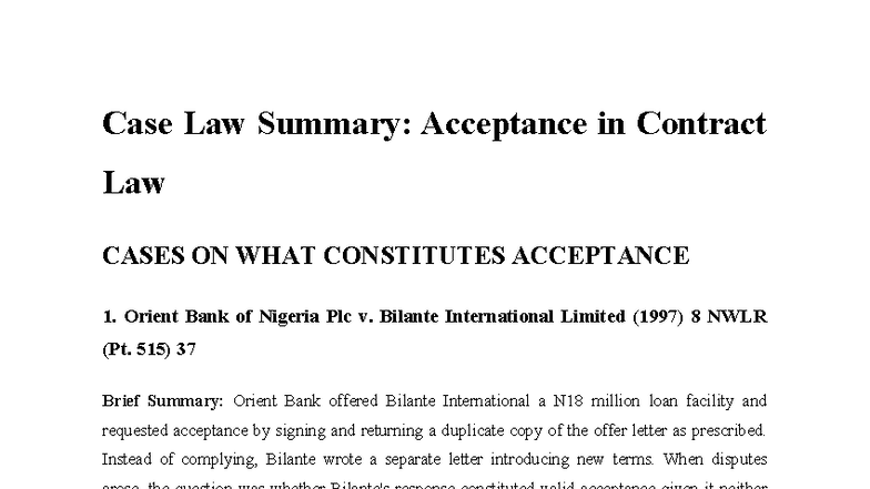 Case Law Summary: Acceptance in Contract Law (LAW 101) - Studocu