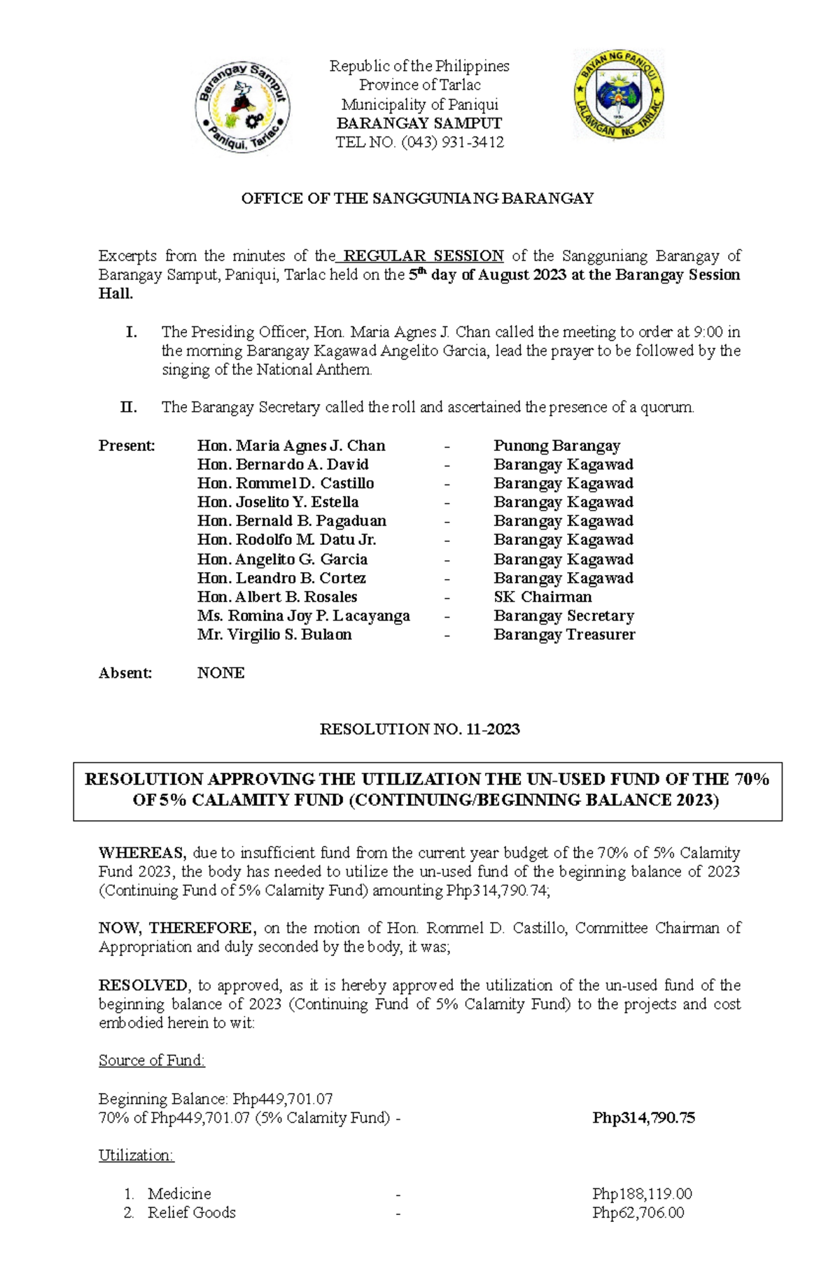 Resolution 11 Utilization Of Continuing Calamity Fund Republic Of The Philippines Province Of