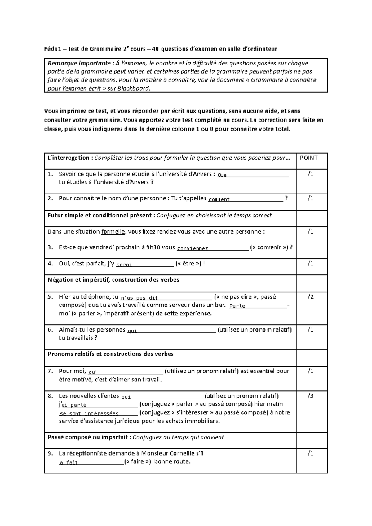 Test de grammaire 2e cours - 40 questions à compléter - Studocu