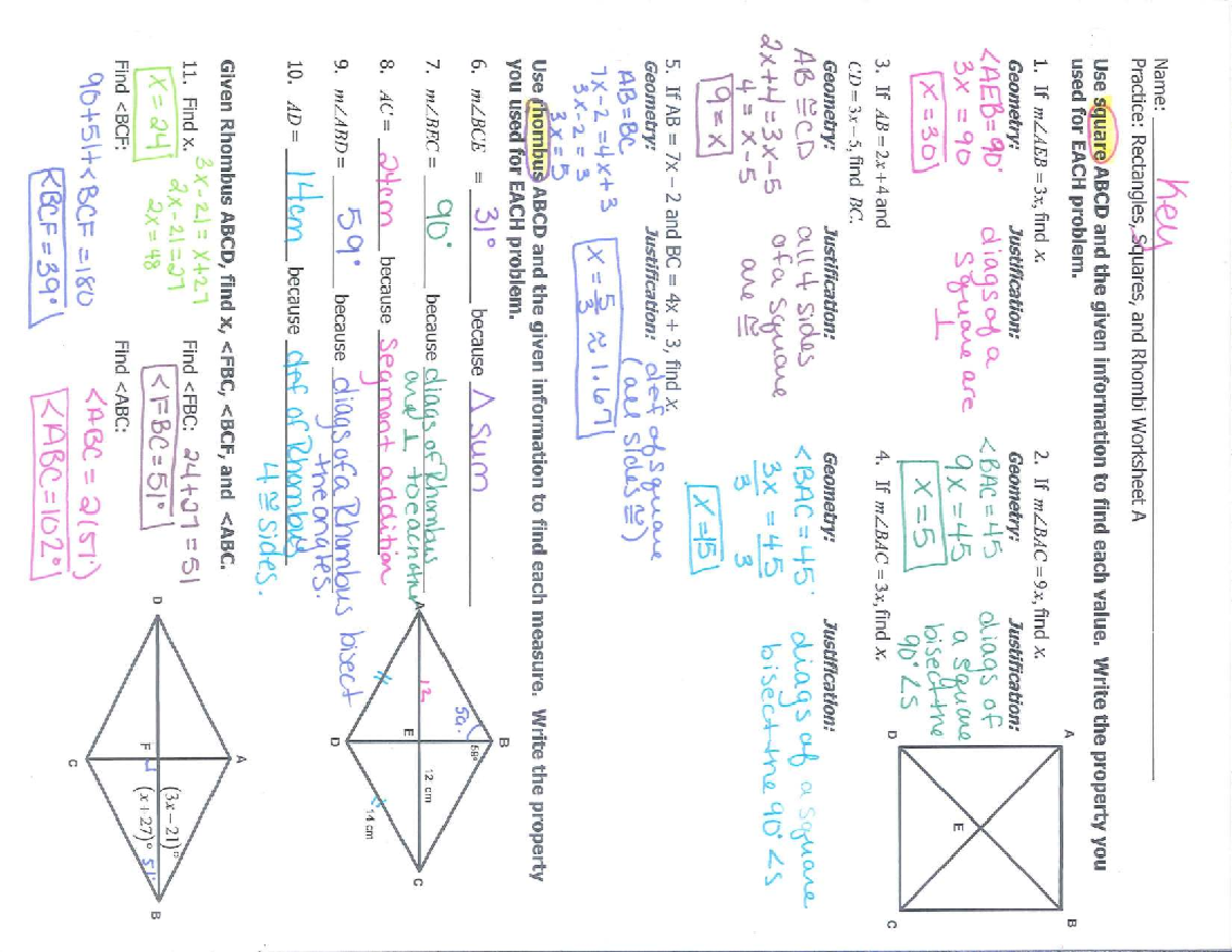 Geometry: Properties of Squares and Rhombuses - Practice Worksheet ...