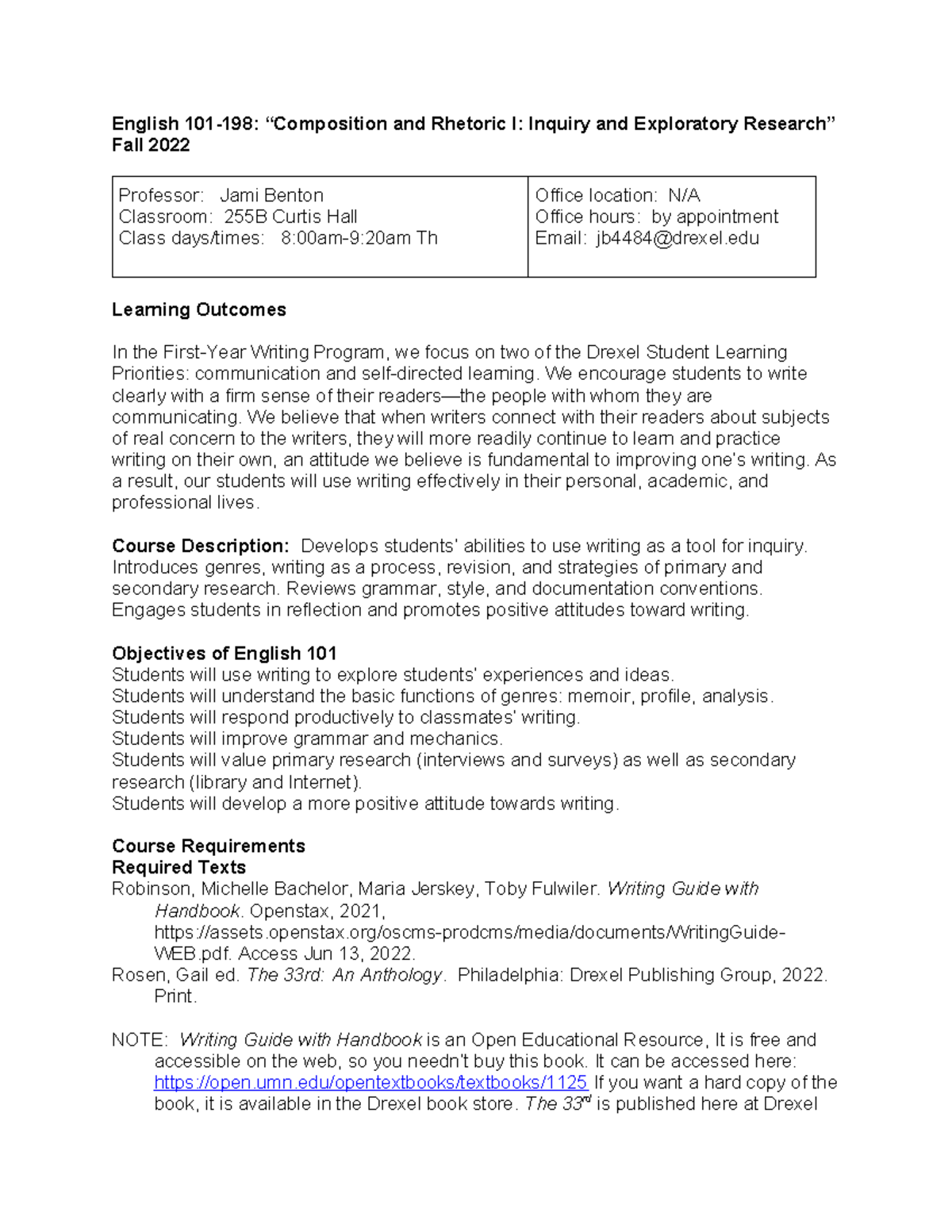 English 101: Inquiry & Exploratory Writing Syllabus - Fall 2022 - Studocu