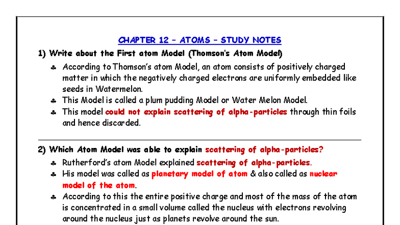 CHAPTER 12 ATOMS STUDY NOTES - BOHR MODEL & SCATTERING EXPERIMENTS ...