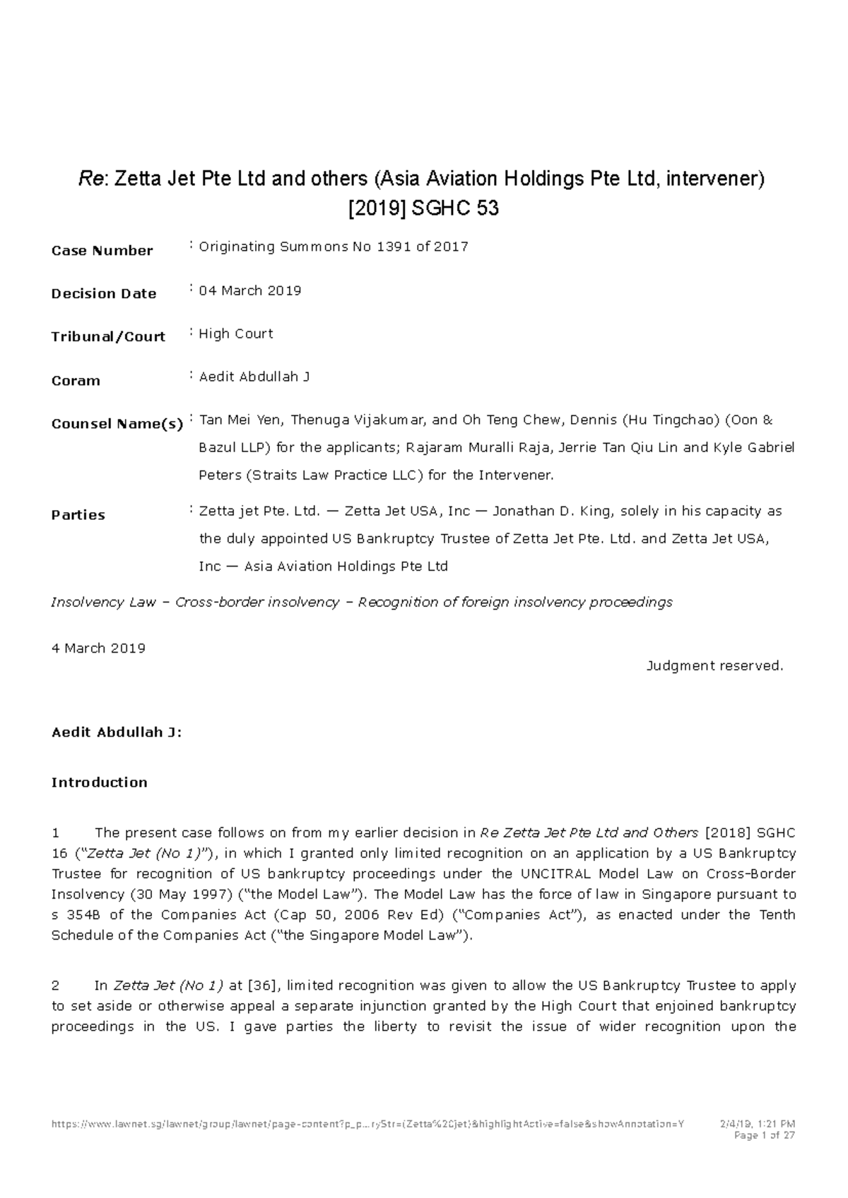 Zetta Jet Pte Ltd: SGHC 53 Case Analysis on Foreign Insolvency ...