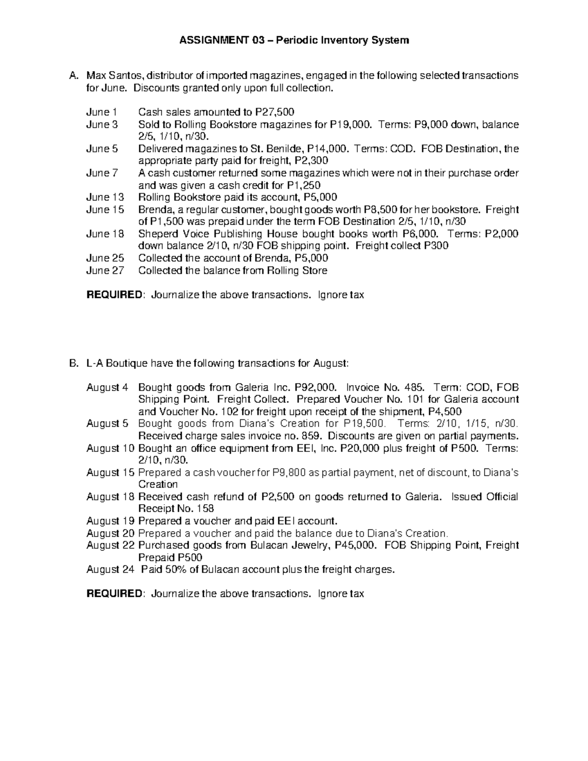 Assignment 03: Journalizing Periodic Inventory Transactions - Studocu