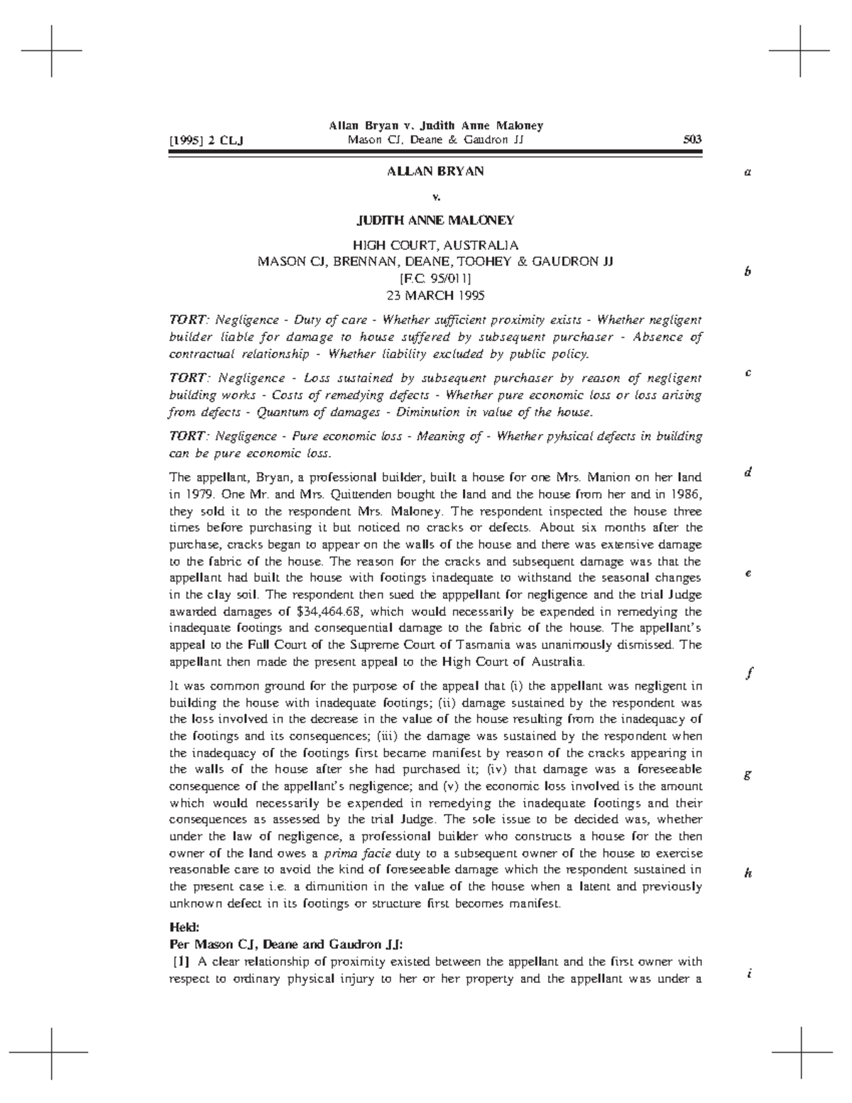 2 CLJ Case Study: Allan Bryan v. Judith Anne Maloney - Negligence and ...