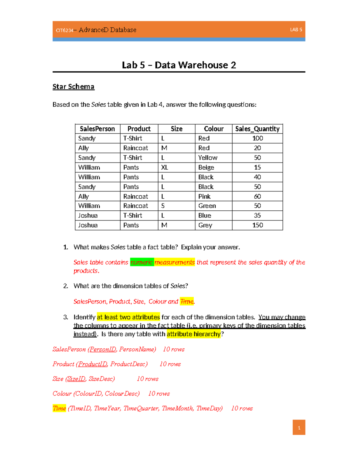 Advanced Database LAB 5: Data Warehouse Star Schema Analysis - Studocu