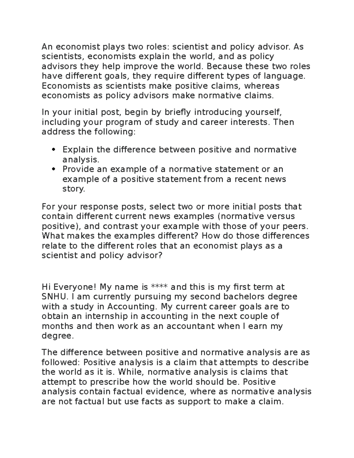 ECO 101: Discussion on Positive vs Normative Economic Analysis - Studocu