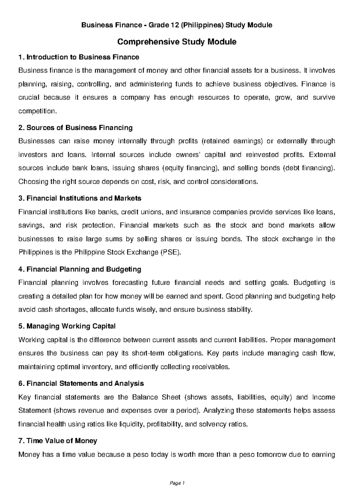 Business Finance Grade 12 (Philippines) Comprehensive Study Module ...