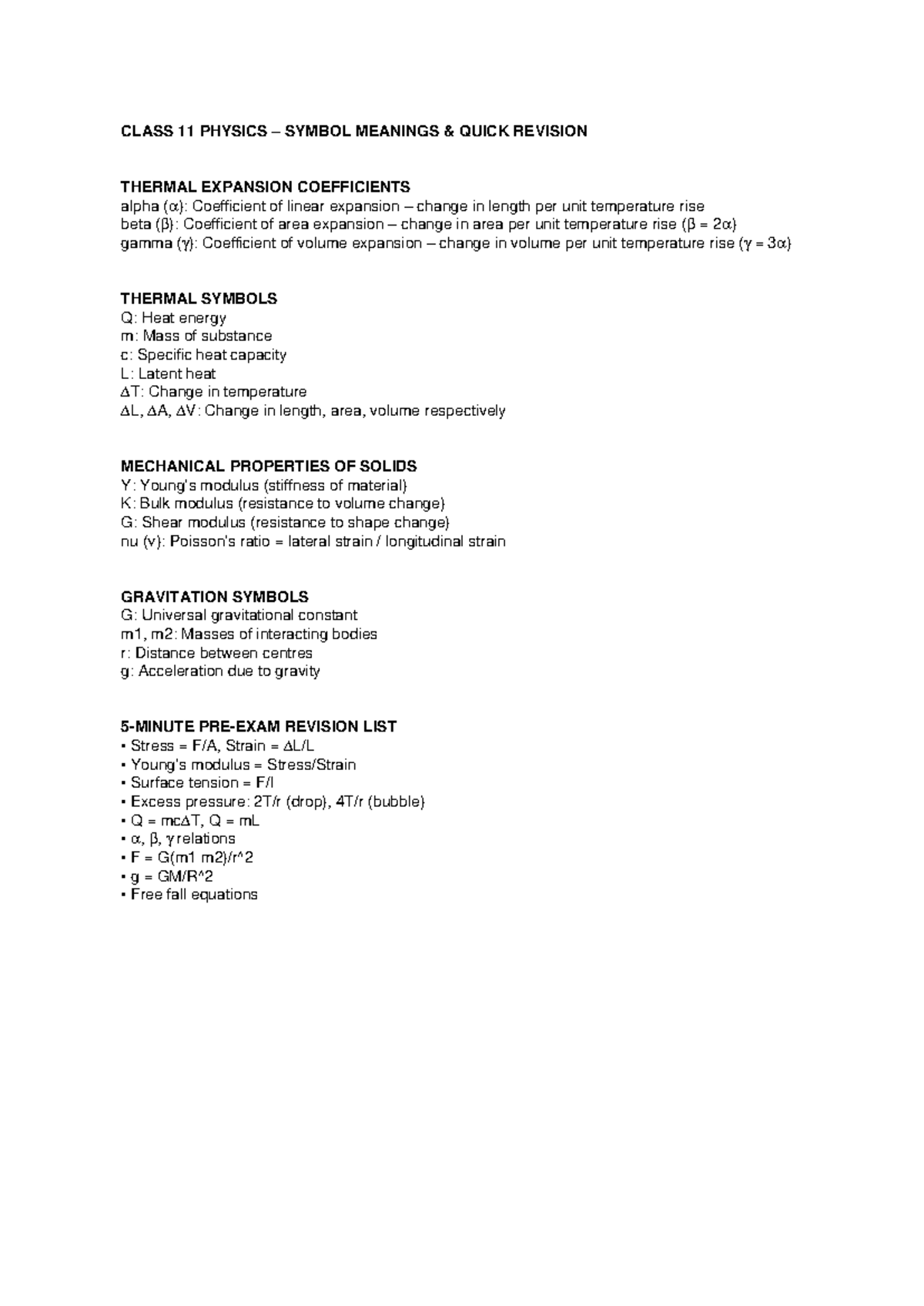 Class 11 Physics Symbols: Quick 5-Min Revision Guide - Studocu