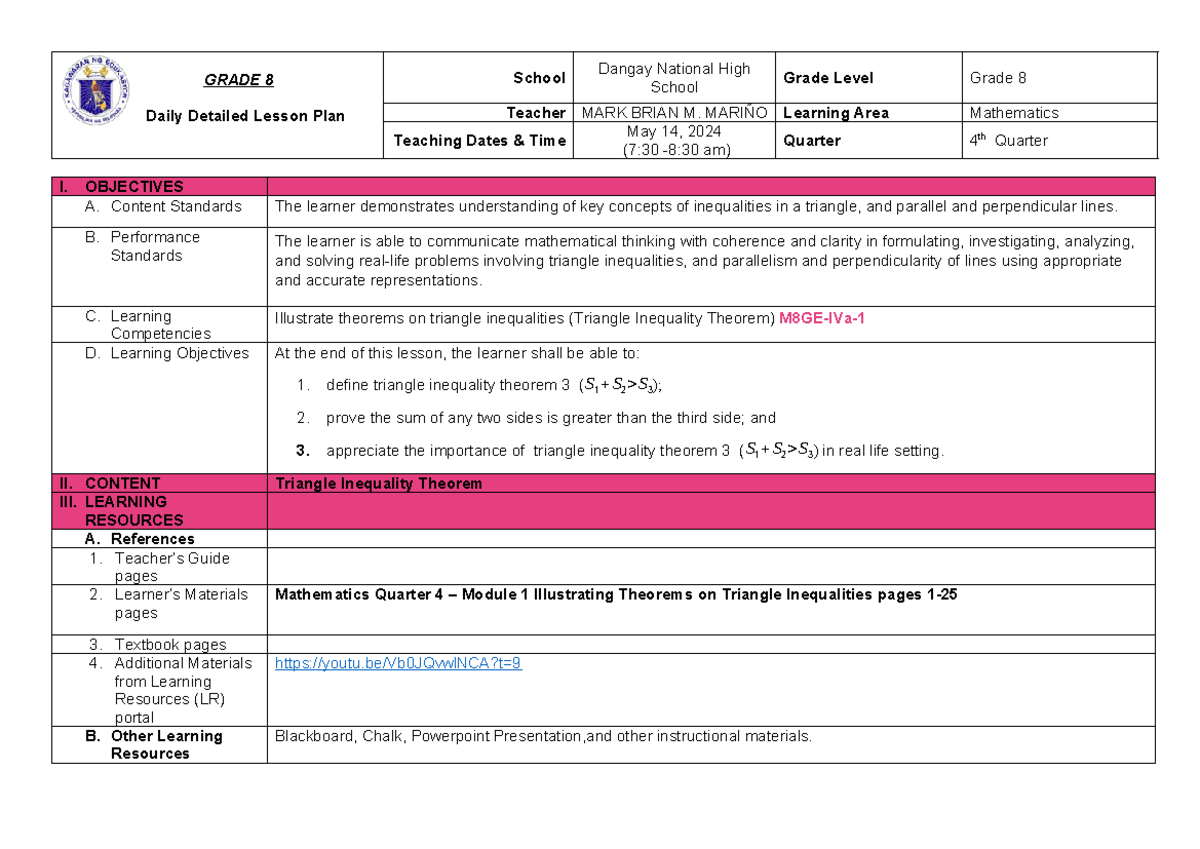 L2 Triangle Inequality Theorem - GRADE 8 Daily Detailed Lesson Plan ...