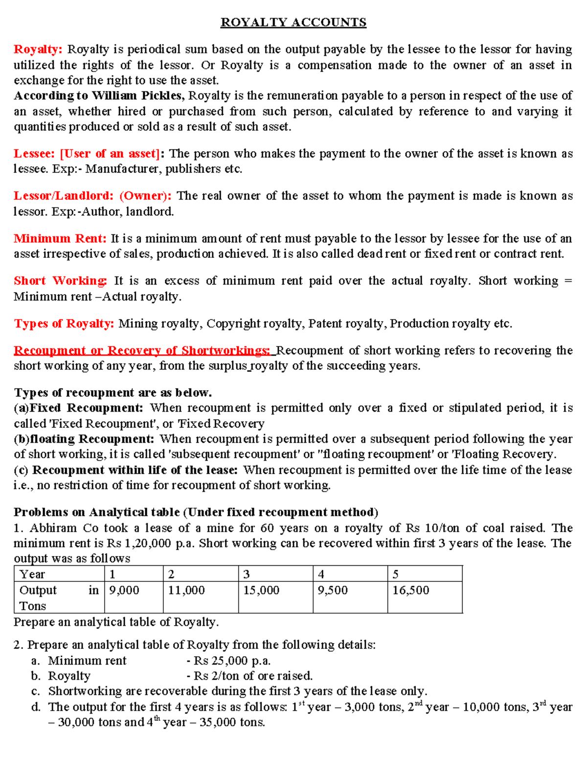 Royalty Problems and Analytical Tables for Course ANIL 153 - Studocu