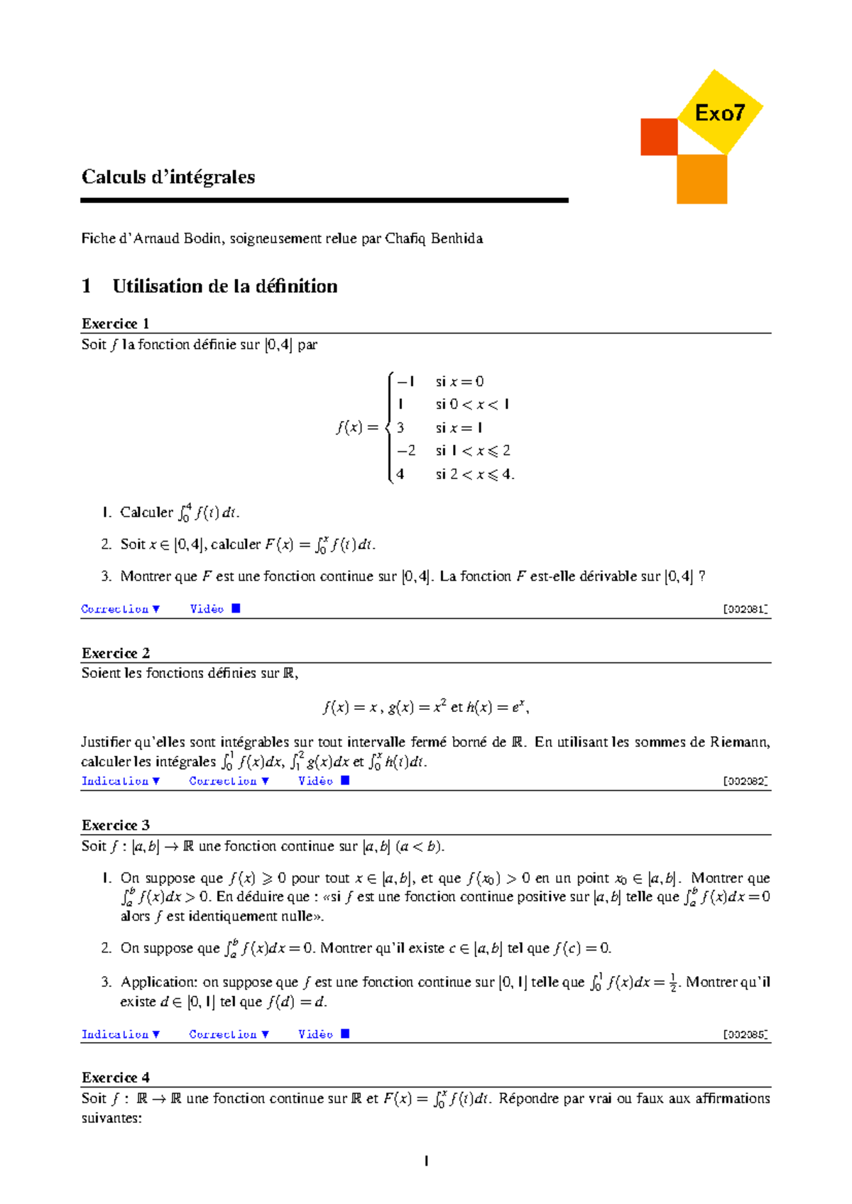 Fic00015 - Exo7 Calculs de Fonctions et Intégrales - Studocu