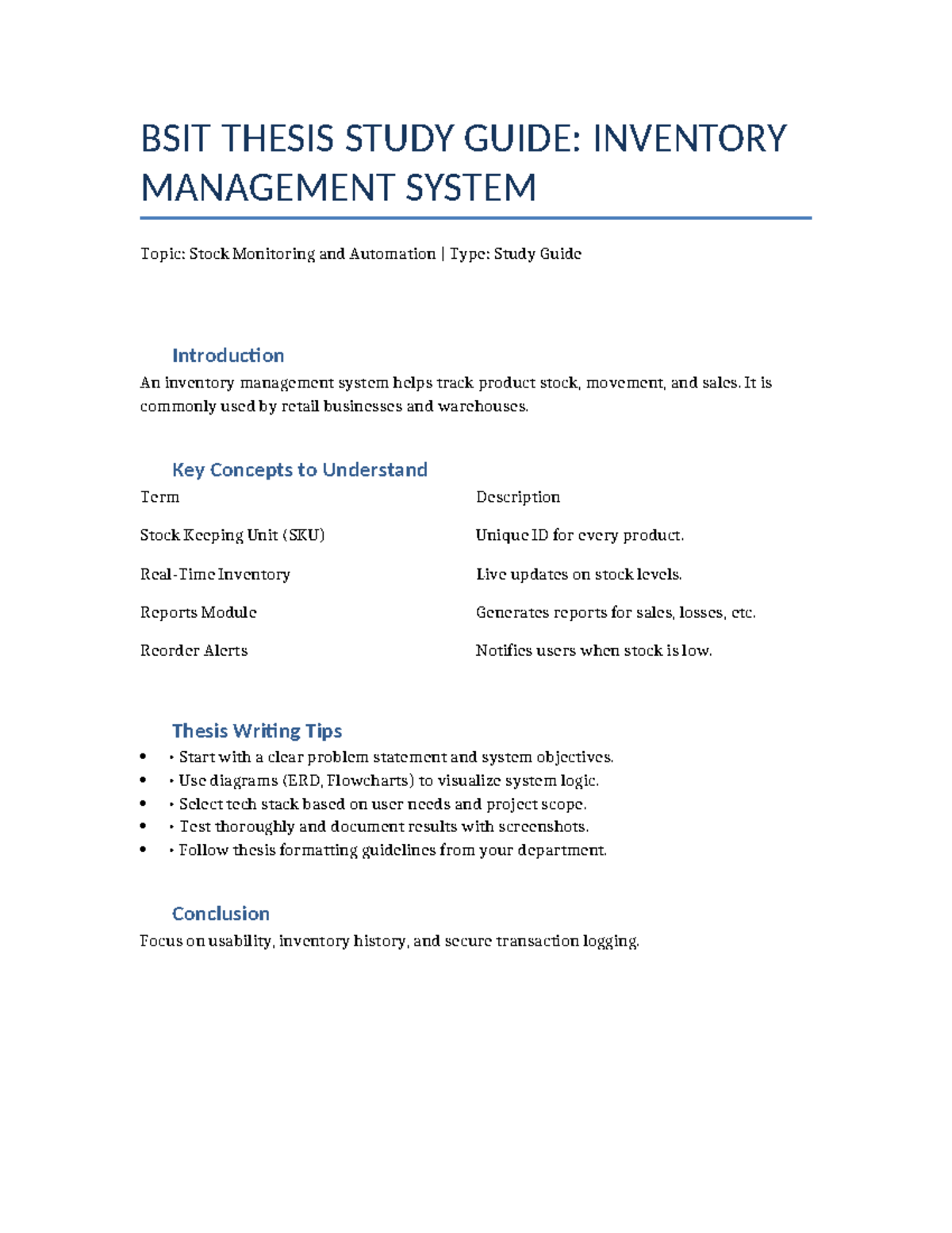 BSIT Inventory Management Study Guide - BSIT THESIS STUDY GUIDE ...