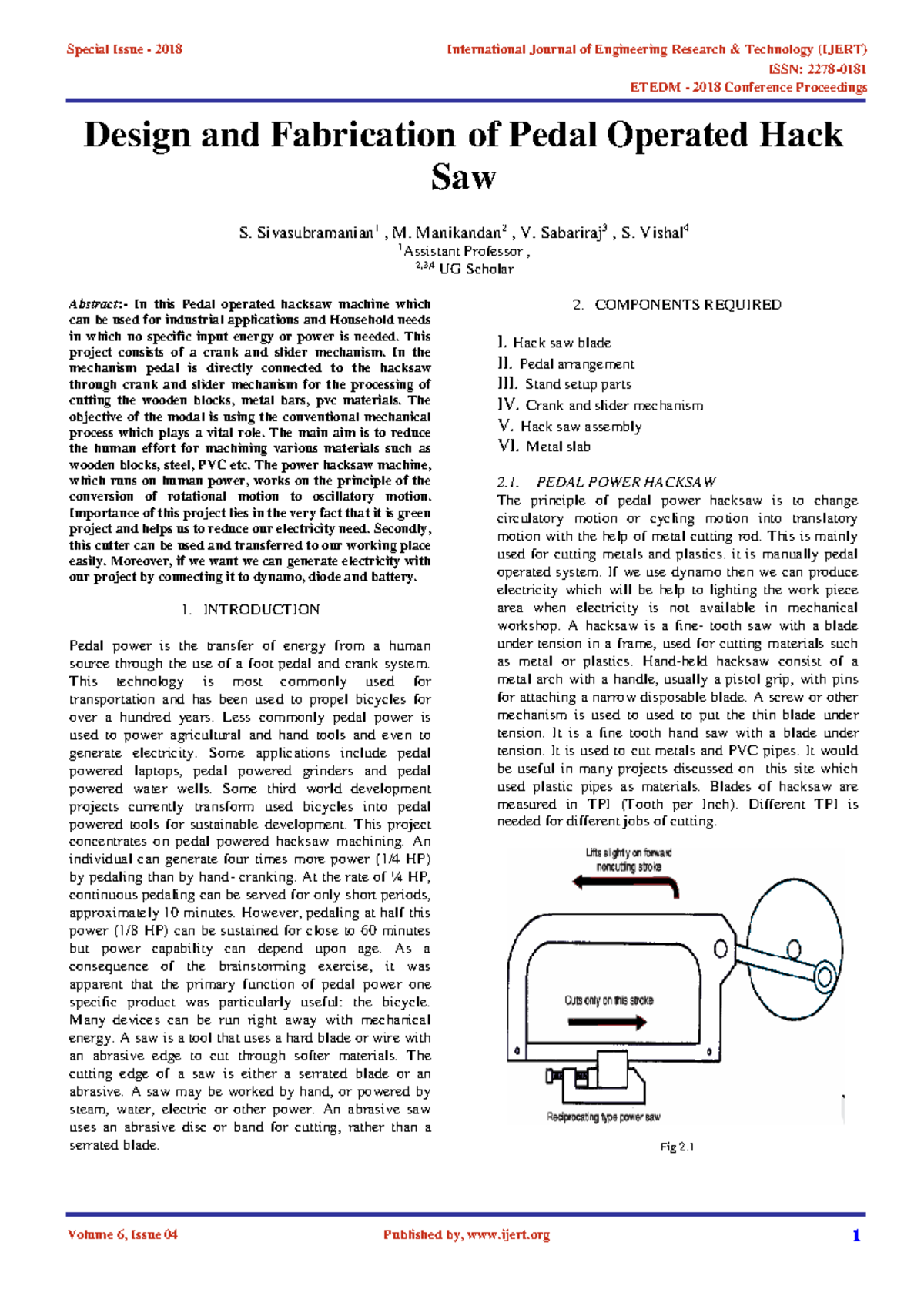 Design and fabrication of pedal operated hack saw Ijertconv 6IS04038 ...