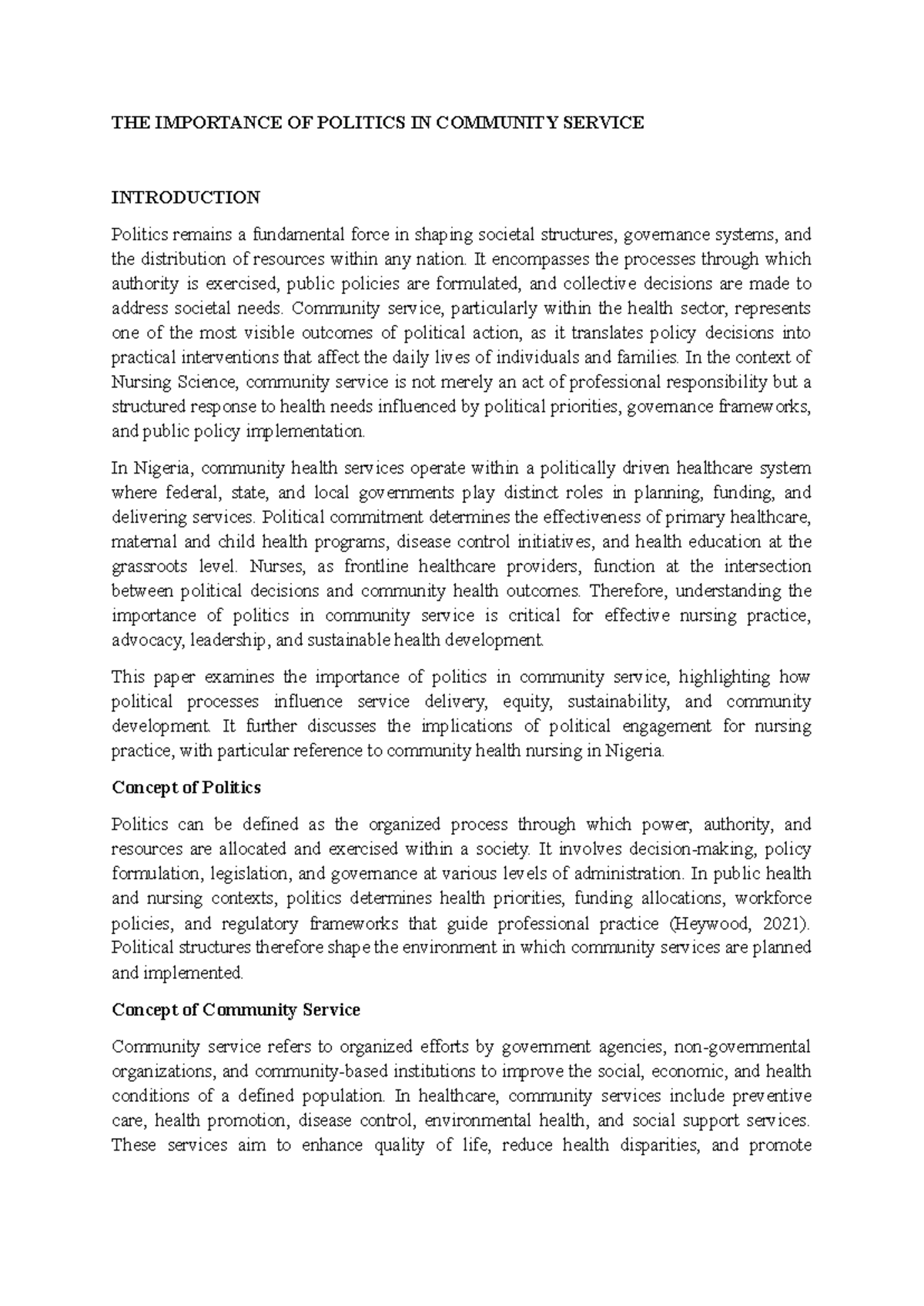 Politics in Community Service: Implications for Nursing Practice - Studocu