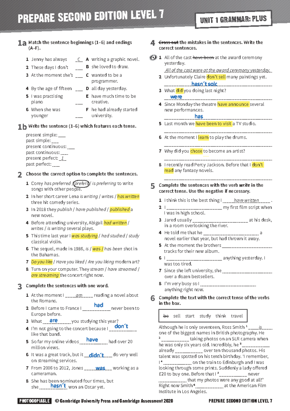 Prepare 7 Grammar Plus: Unit 01 Exercises and Answers - Studocu