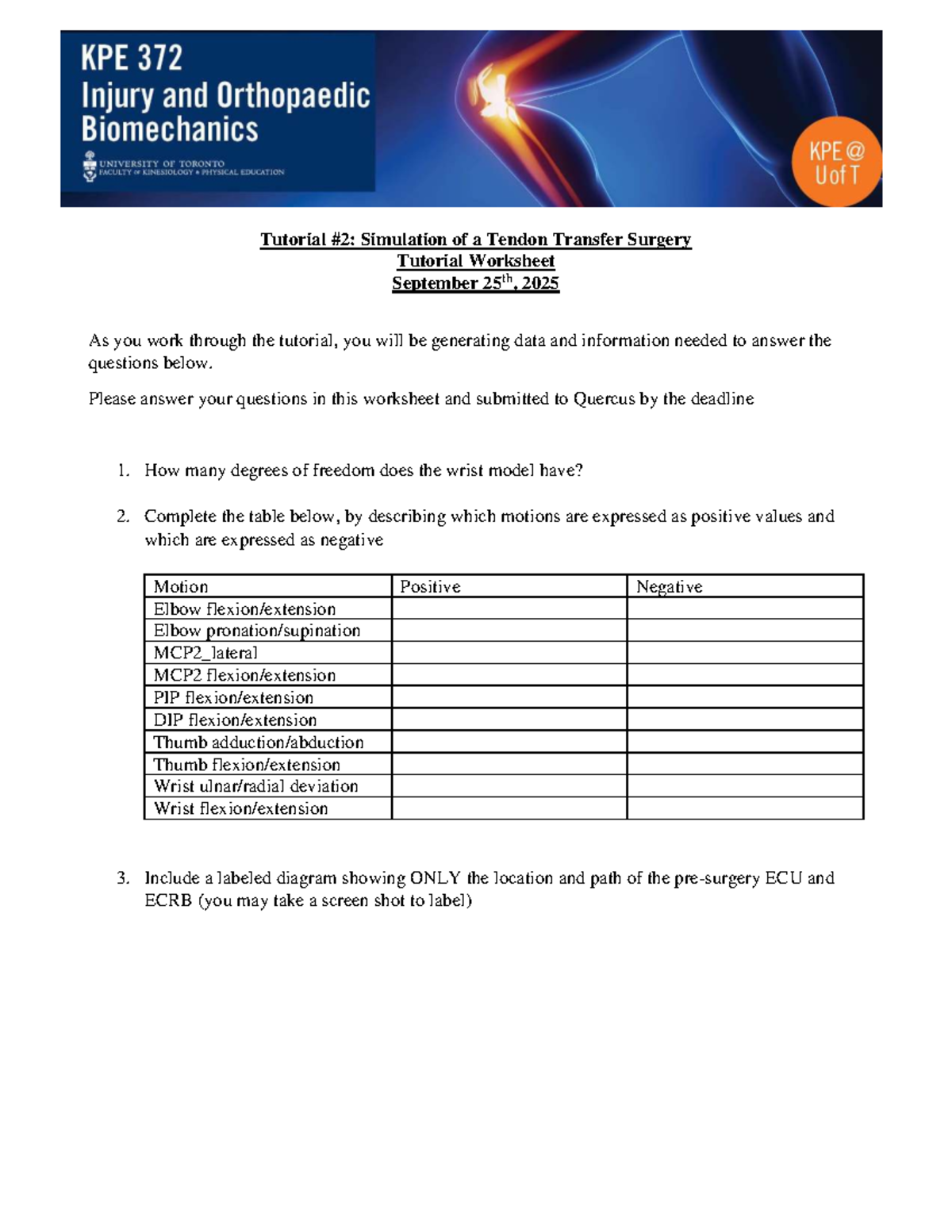 KPE372 Tutorial 2: Tendon Transfer Surgery Worksheet 2025F - Studocu