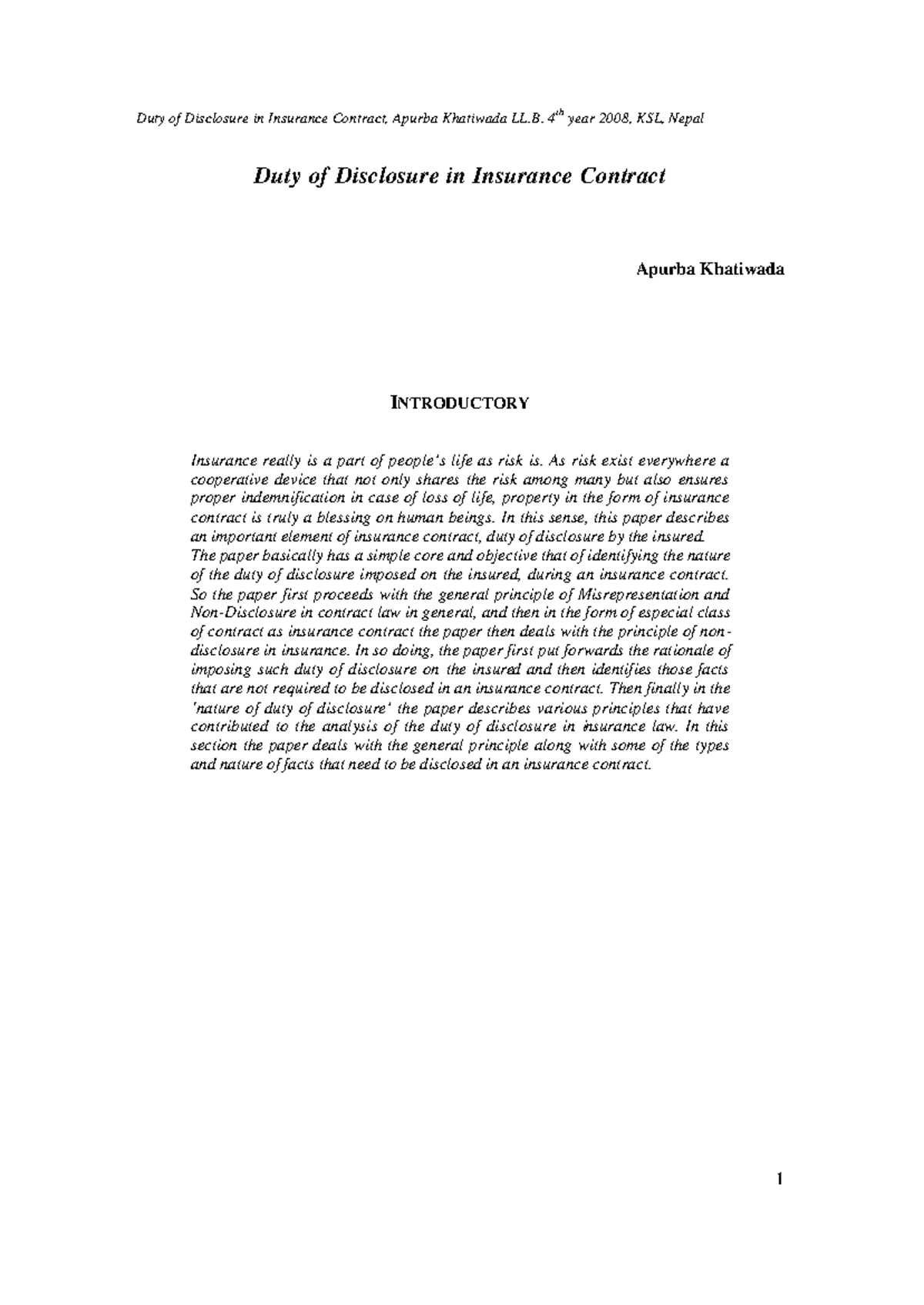 Duty of Disclosure in Insurance Contracts: An Analysis (LL.B. KSL ...
