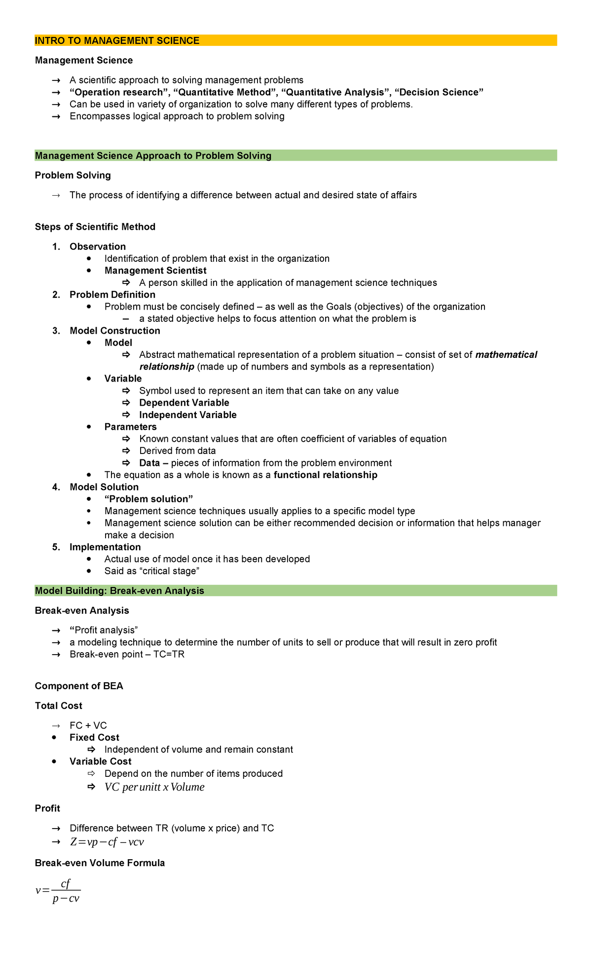MS- Midterm Study Guide: Introduction to Management Science - Studocu