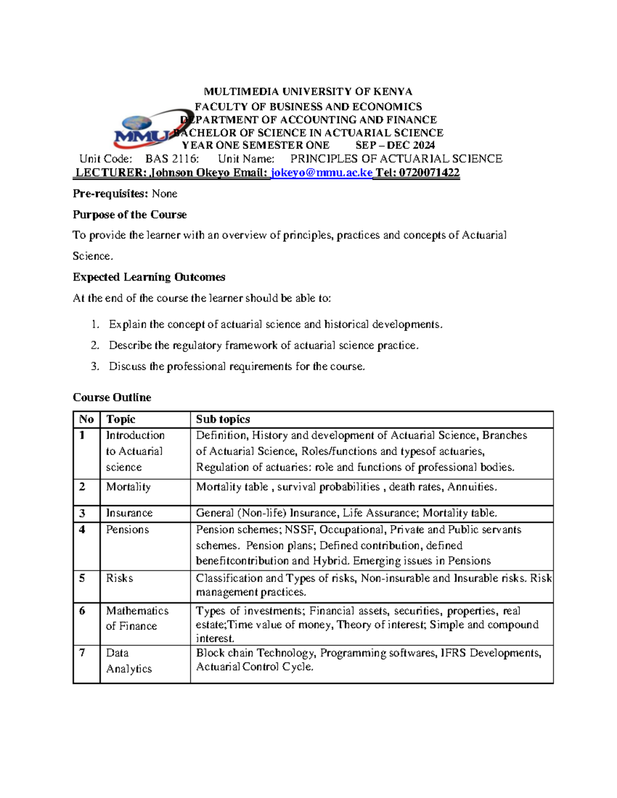 BAS 2116 Principles of Actuarial Science: Course Overview and Outline ...