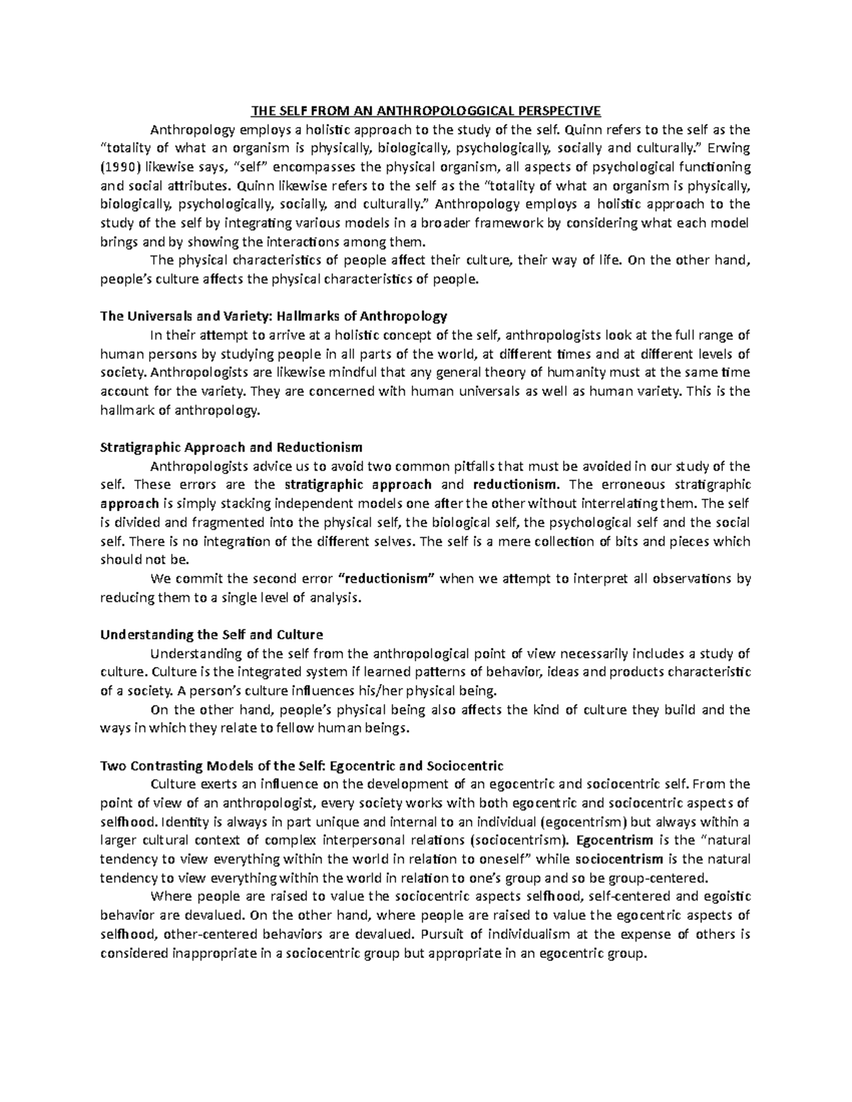 Anthropology 101: The Self Explored from an Anthropological Lens - Studocu