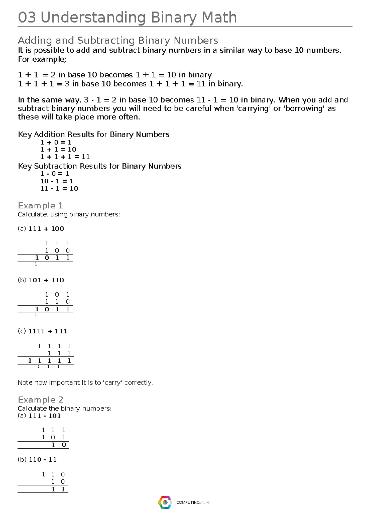 03 Binary- Adding and Subtracting - 03 Understanding Binary Math Adding ...
