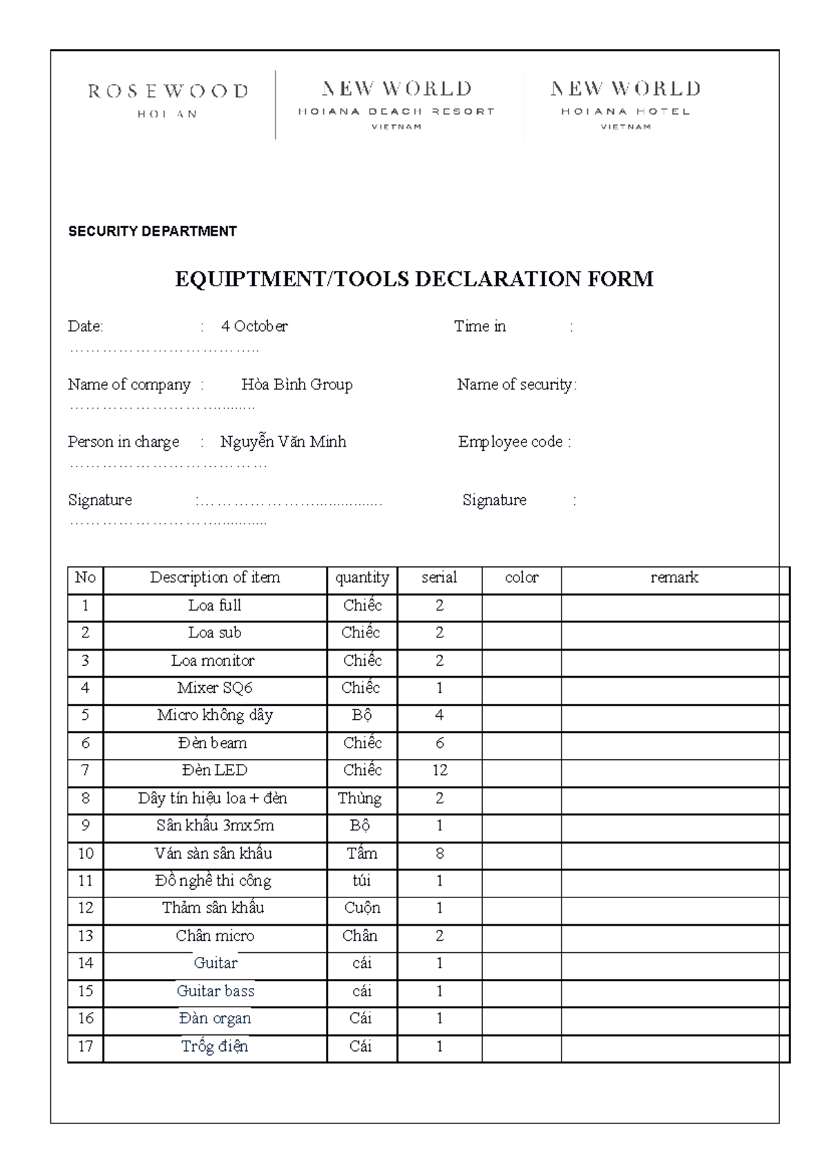Equiptment Tools Declaration - NEW - SECURITY DEPARTMENT EQUIPTMENT ...