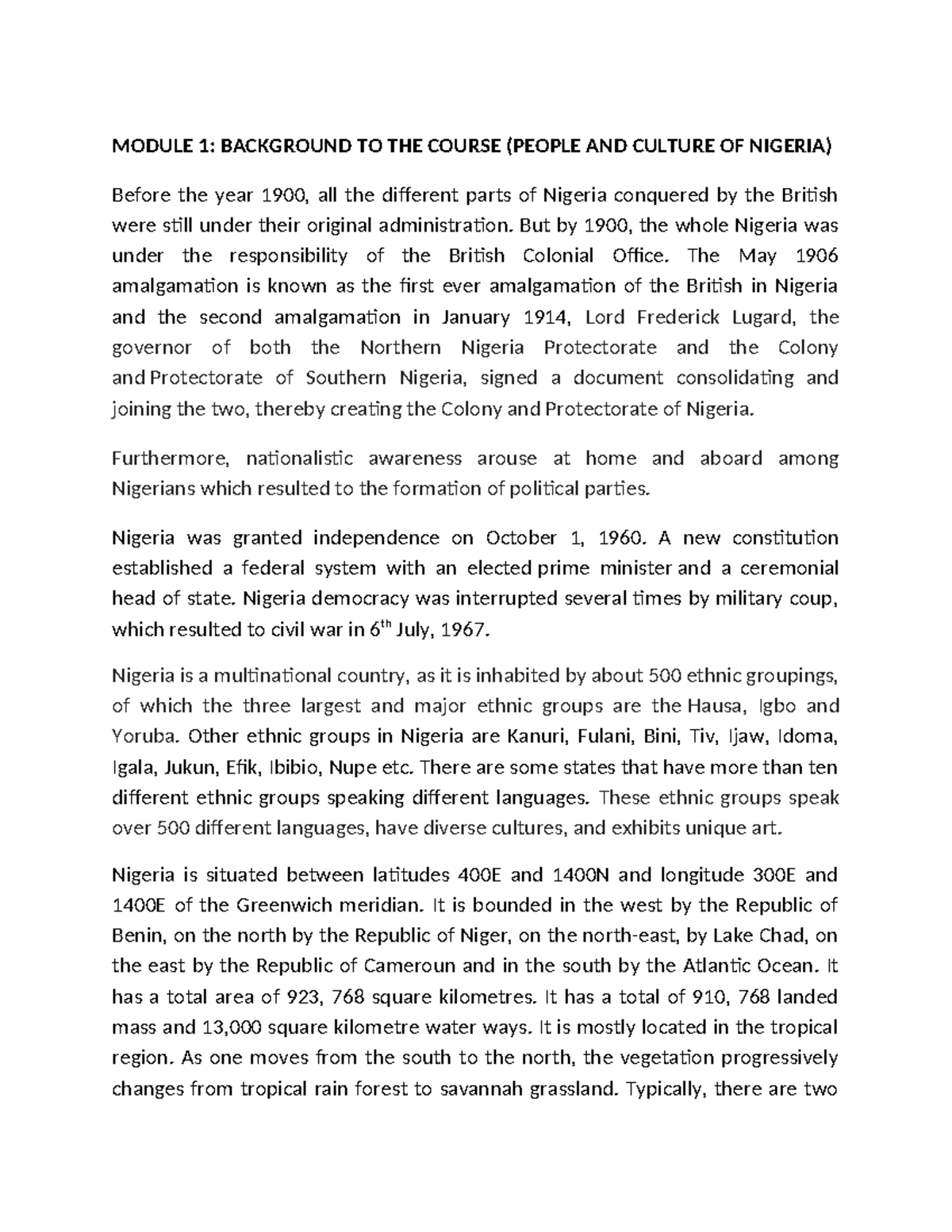 Module 1: Overview of People and Culture in Nigeria for GST 112 - Studocu