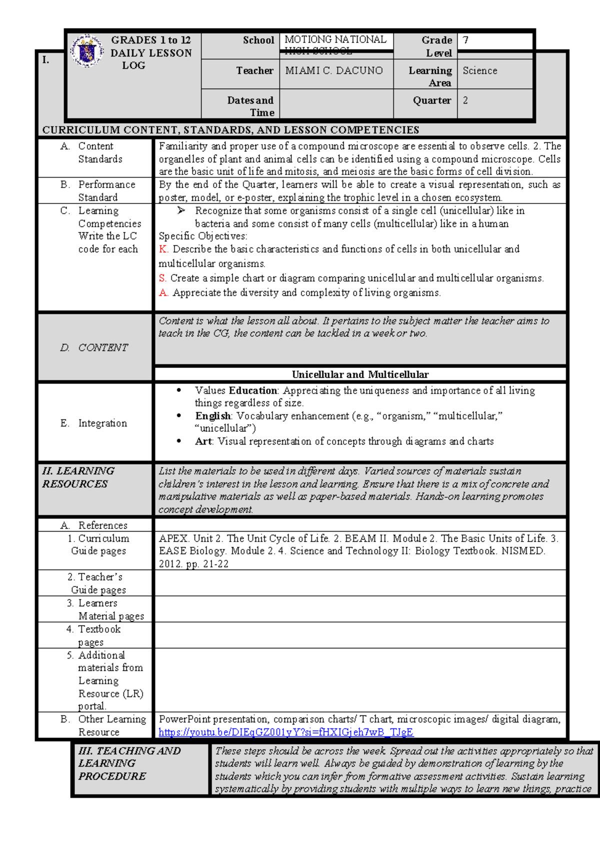 DLP G7 - Unicellular and Multicellular Organisms Lesson Plan - Studocu