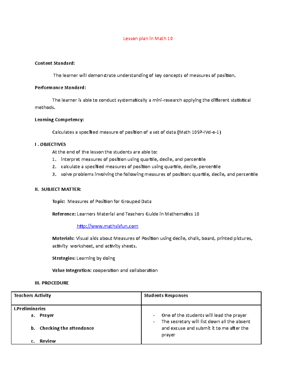 Math 10 Lesson Plan on Quartiles, Deciles, and Percentiles - Studocu