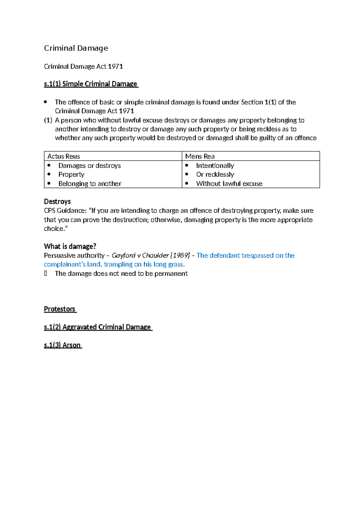 Criminal Damage Act 1971: Key Sections and Definitions - Studocu