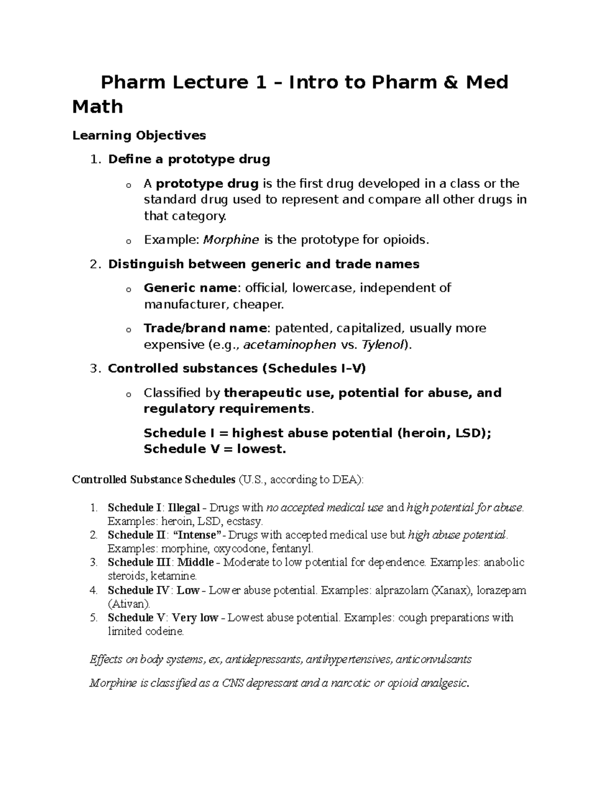 Pharm 101 Lecture 1: Intro to Pharmacology & Drug Math Concepts - Studocu